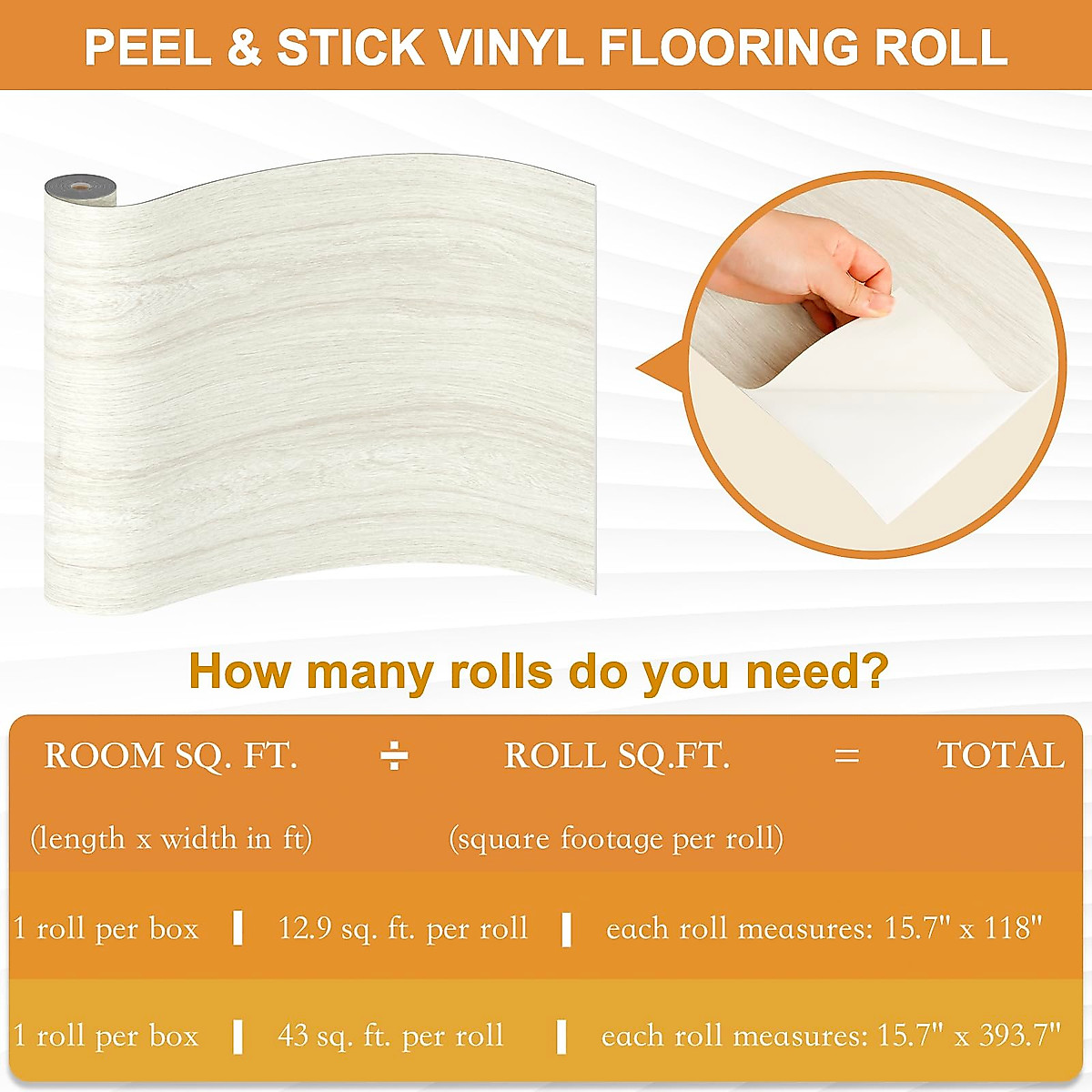 Oxdigi Vinyl Flooring Roll Peel and Stick - 15.7" x 118" (12.9 Sq.Ft) | Removable Self-Adhesive Wear-Resistant Vinyl Floor Tiles Wood Plank |Waterproof for Bathroom, Kitchen... | Whitewashed Oak