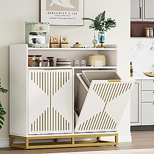 Condemo Double Tilt Out Trash Cabinet, Modern 20 Gallon Trash Bin Cabinets, Freestanding Recycling Cabinet, Storage Cabinet for Kitchen, Dining Room, Laundry, White and Gold (No Trash Can)