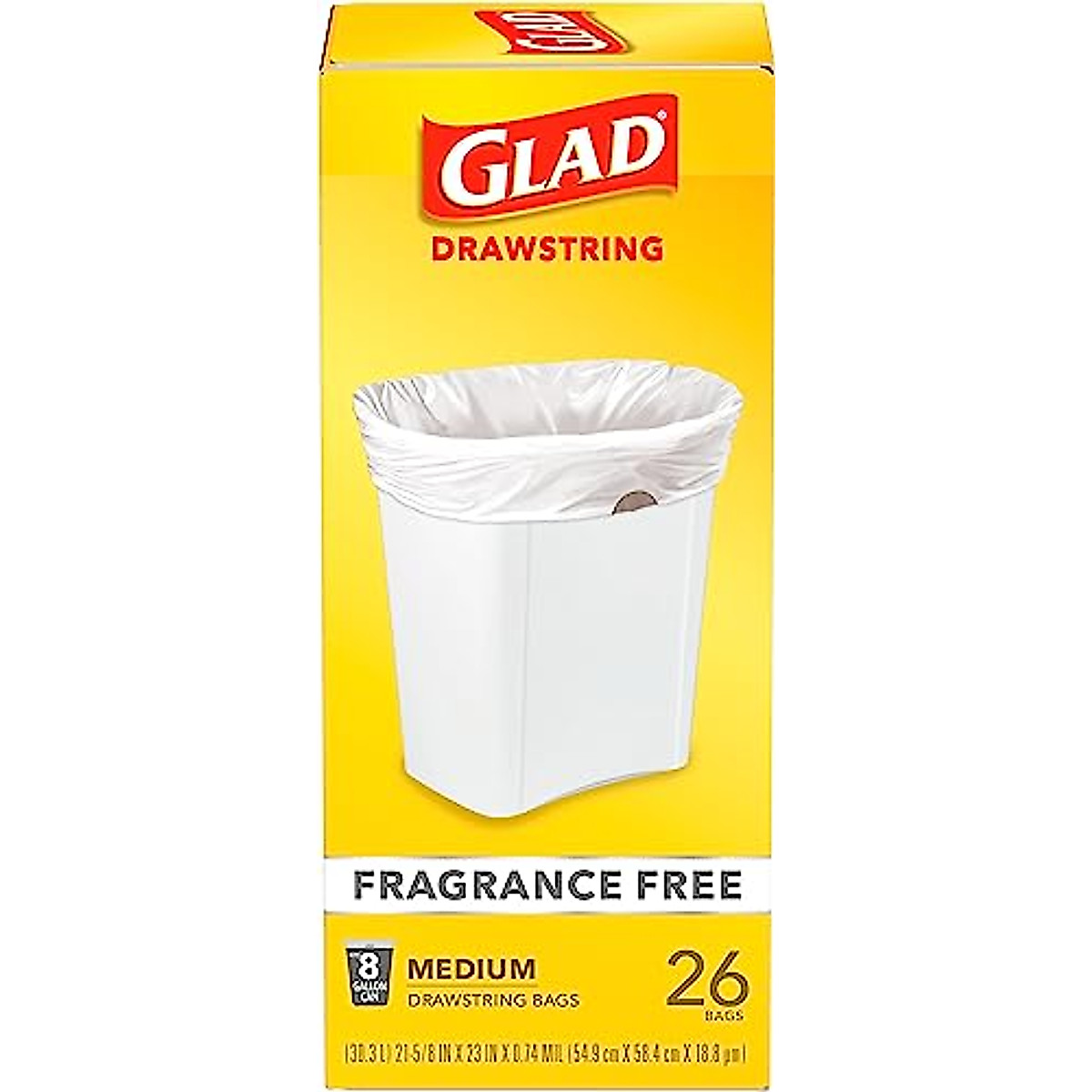 Glad Medium Drawstring Trash Bags, 8 Gallon, White, Fragrance Free, 26 Count, Pack May Vary