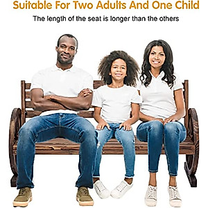 JSUN7 Wooden Outdoor Wagon Wheel Bench - Yard Decorative 3-Person Bench with Backrest Fir Wood Seat Rustic Style for Bench Patio Garden