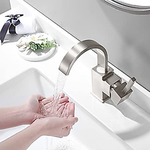Brushed Nickel Single Hole Bathroom Faucet, Waterfall Single Handle RV Bathroom Faucet Fit for 1 or 3 Hole, with Deck Plate, Swivel 360 Degree Spout, Pop Up Drain and Water Supply Line, SGF05-BN