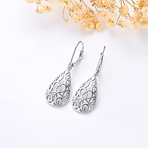 VONALA Filigree Teardrop Earrings for Women Sterling Silver Filigree Teardrop Dangle Earrings Filigree Leverback Earrings for Women Birthday Gift