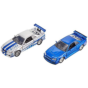 Fast & Furious Brian's Nissan Skyline GT-R R34 Silver & Nissan GT-R R34 Blue 1:32 Die - cast Car, Toys for Kids and Adults