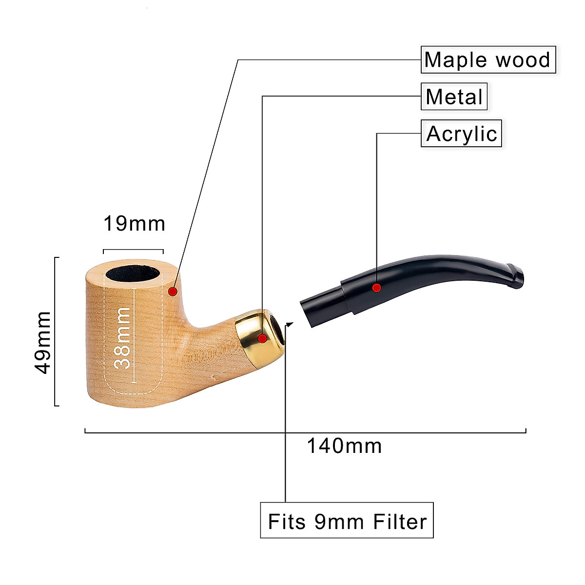 Dr. Watson - Wooden Tobacco Pipe, classic Cherrywood shape, Fits 9mm filter, Comes with Pouch, Boxed (Natural)