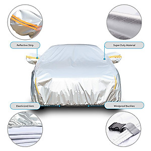 Tecoom Heavy Duty Multiple Layers Car Cover All Weather Waterproof Windproof Reflective Snow Sun Rain Protective Outdoor with Buckles and Belt Fit 191-200 Inches Sedan
