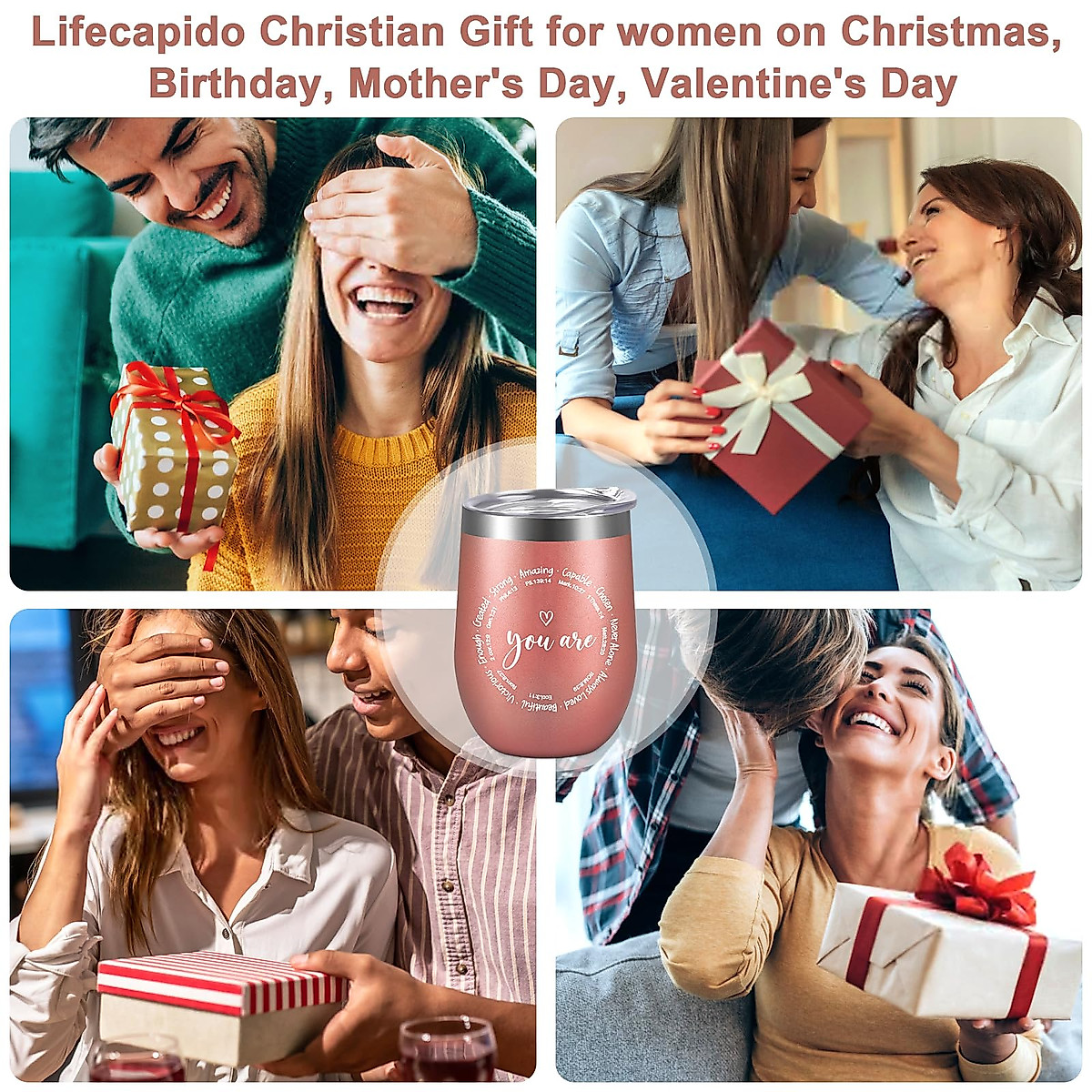 Lifecapido Christian Gifts for Women, Christian Wine Tumbler 12oz, Inspirational Gifts Religious Gifts Spiritual Gifts Scripture Gifts Birthday Gifts for Mom Wife Sister Friends Coworker, Rose Gold