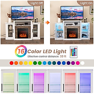 Tangkula Electric Fireplace TV Stand, Electric Fireplace Mantel with 16-Color Led Lights, Adjustable Glass Shelves, Remote & Smart APP Control, TV Console for Living Room (White)