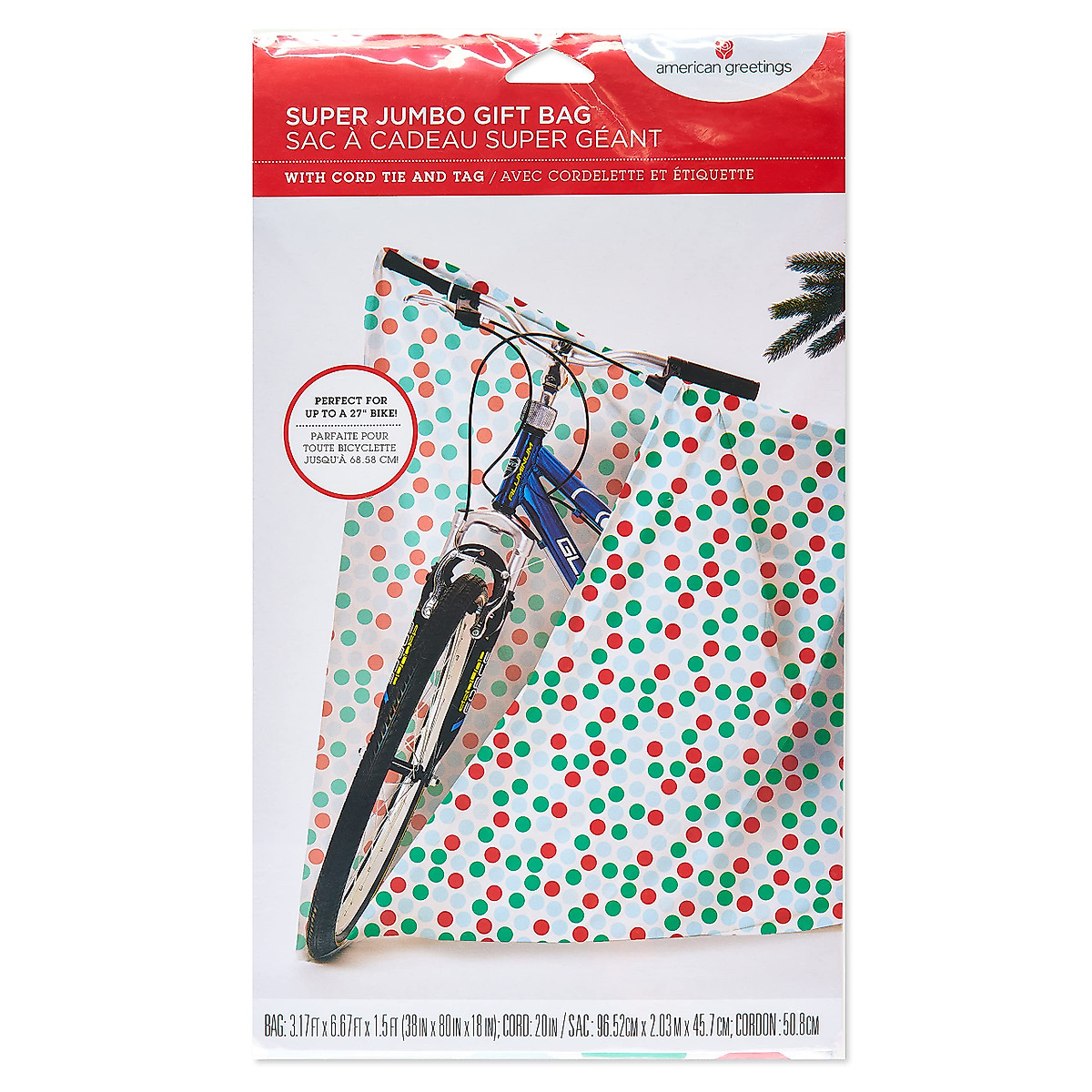 American Greetings Jumbo Plastic Gift Bag (Red & Green Dots) for Birthdays, Baby Showers and All Occasions (1 Bag, 6.67 ft. x 3.17 ft.)