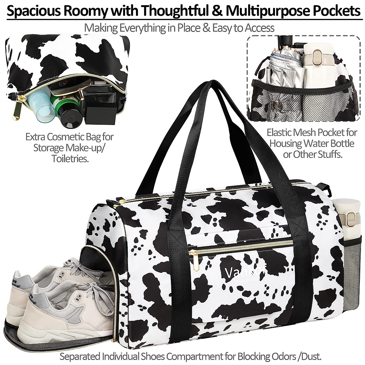 Vankor Gym Bag for Women with Shoe Compartment, Waterproof Sports Duffle Bag, Medium-17.5 Inch, Cow Print
