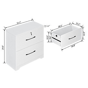 2 Drawer File Cabinet with Lock, Wooden Lateral Storage Home Office Filing Cabinet with Anti-tilt Mechanism with 8 Hanging Bars for Letter/Legal Size (White)
