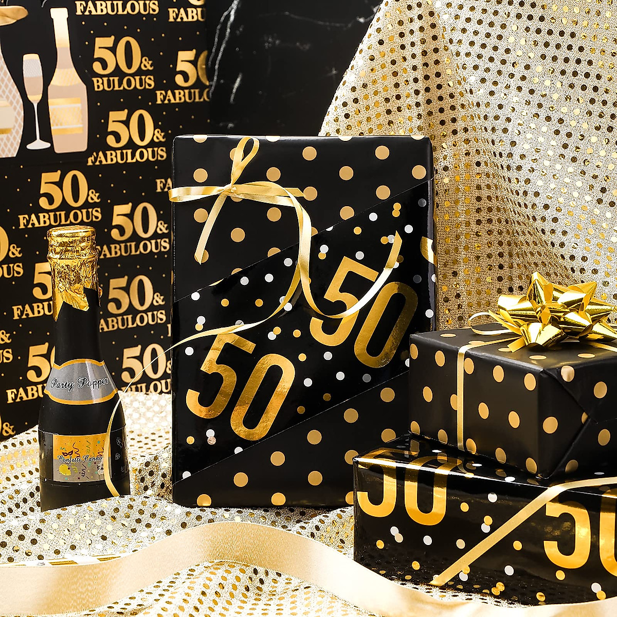 LeZakaa Reversible Wrapping Paper Roll - 50" Lettering Design with Metallic Foil in Black for Birthday, Wedding Anniversary - 17 inches x 32.8 Feet (46.45 sq.ft.)