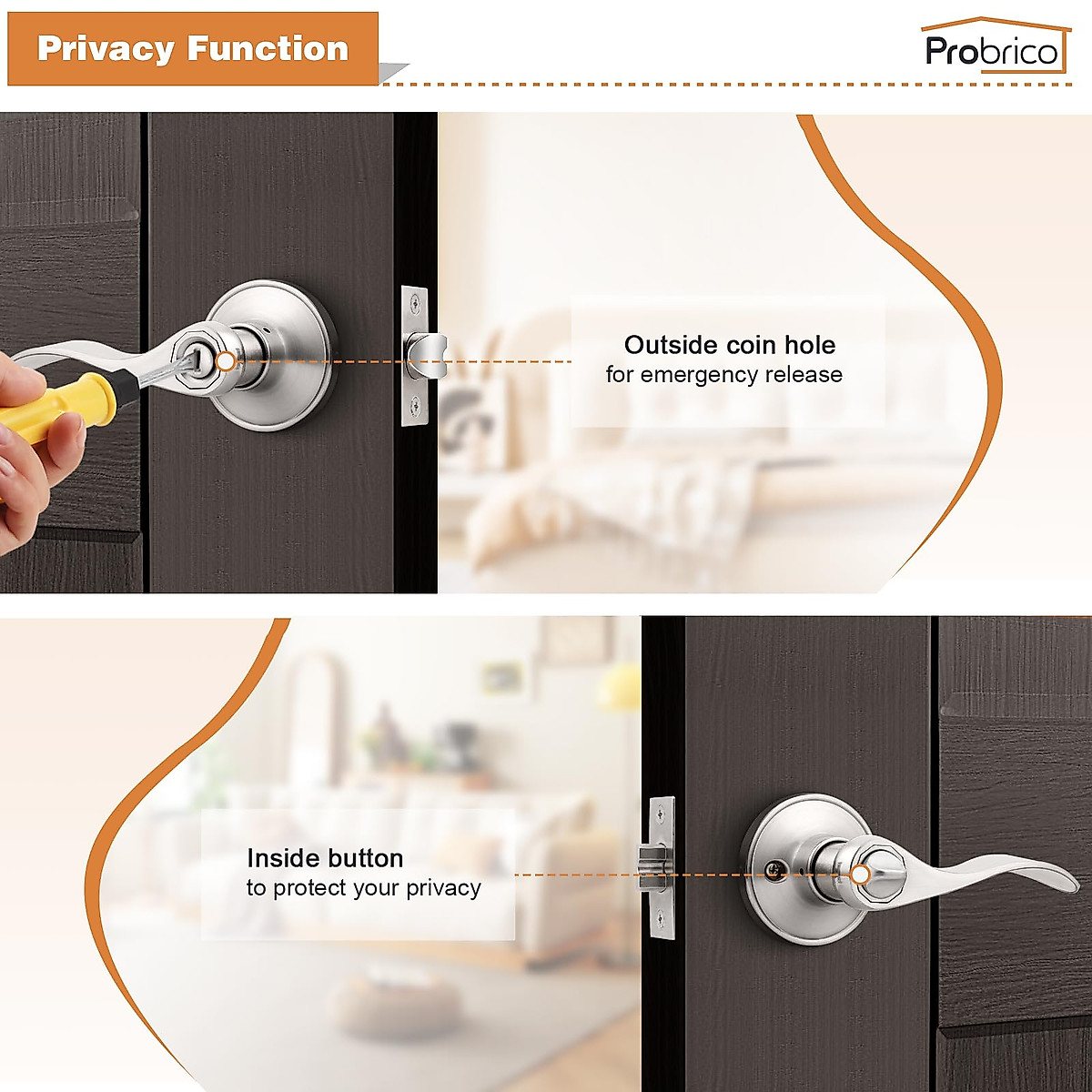 Probrico Bed/Bath Door Levers Wave Style Door Handles in Satin Nickel Wholesale Privacy Door Locks (10 Pack)