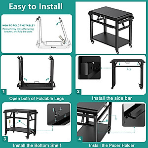 Upgrade Foldable Dining Cart Table, Movable Flattop Grill Cart Stand for Blackstone, Weber, Ninja, Portable BBQ Grill, Outdoor Pizza Oven and Other Grill Grddle, Grill Table Cart for Outside Camping