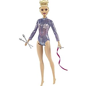 Barbie Rhythmic Gymnast Fashion Doll with Blonde Hair & Brown Eyes, Shimmery Leotard, Baton & Ribbon Accessories 12 Inch