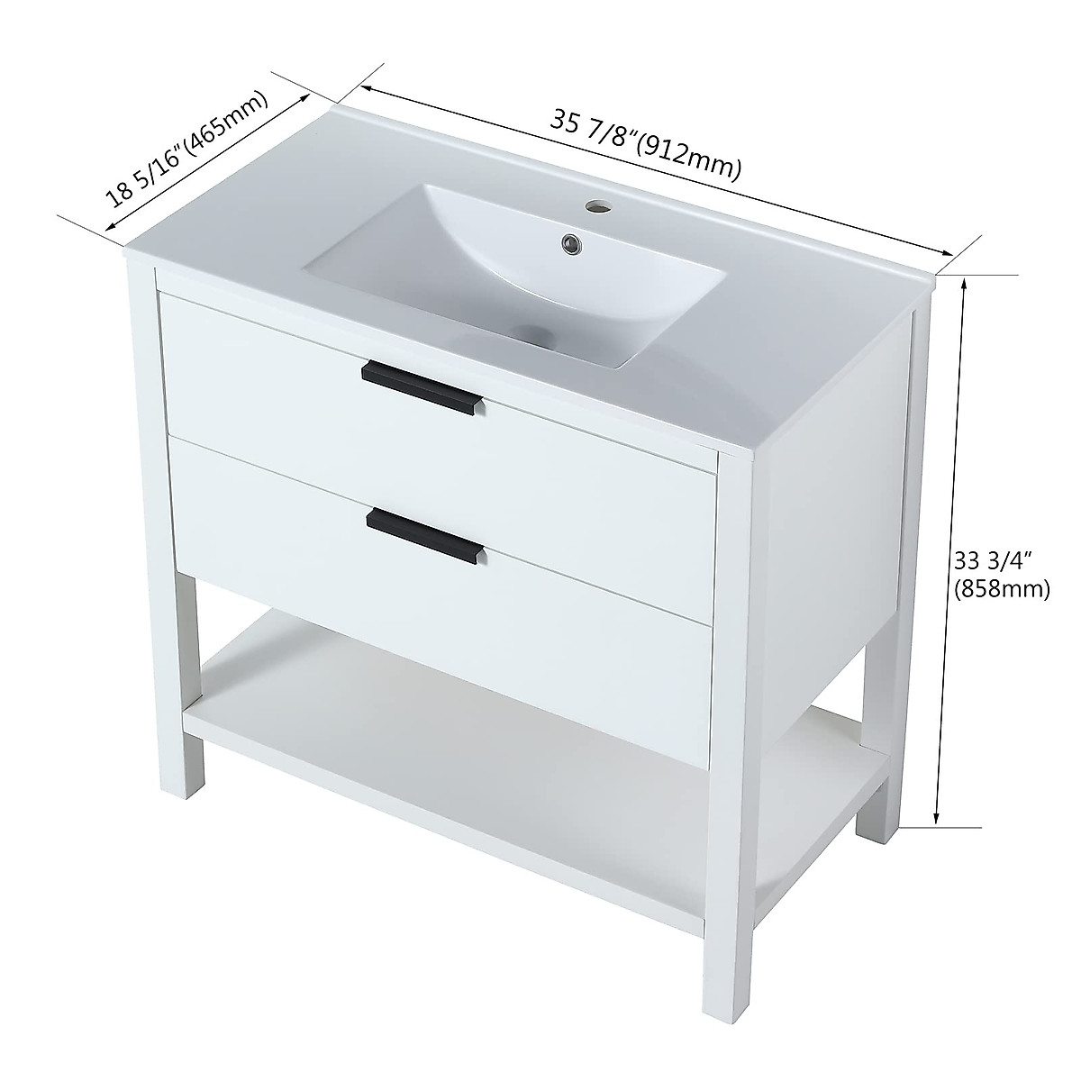 LVTFCO 36" Modern Freestanding Bathroom Vanity with 2 Drawers and Open Style Shelf, Bathroom Vanity Sink Combo with Plywood Pedestal and Resin Sink for Apartment Dorm Contemporary Bath (White)