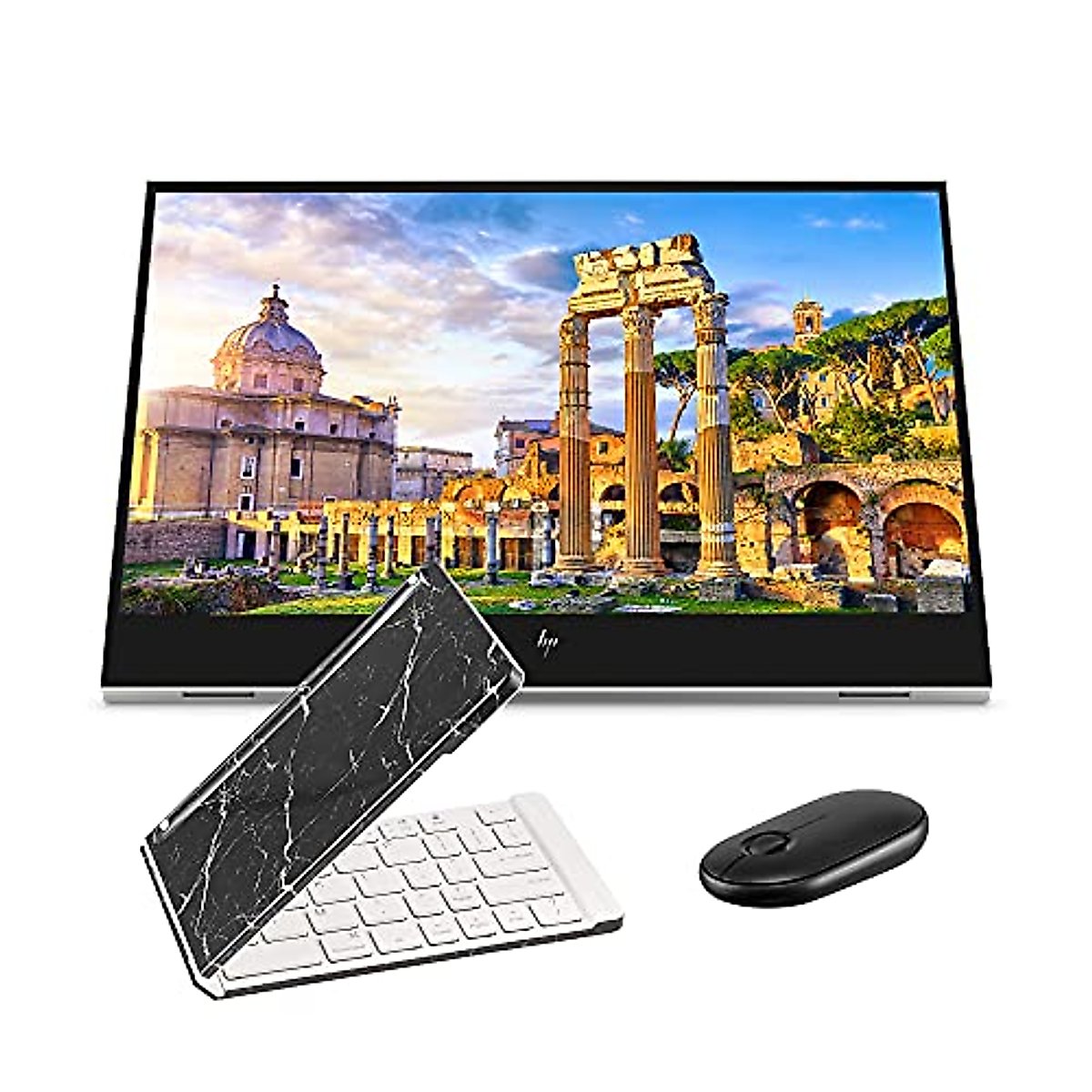 HP E14 G4 FHD (1920 x 1080) Portable Travel Monitor Bundle with 2 USB Type-C, Black Marble Bluetooth Folding Wireless Keyboard, and Black Pebble M355 Bluetooth Wireless Mouse