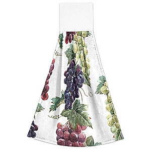 Red White Black Grapes with Green Leaves On White 2 Pcs Hanging Kitchen Hand Towels, Hanging Tie Towels with Hook & Loop Dishcloths Sets, Decorative Absorbent Tea Bar Bath Hand Towel