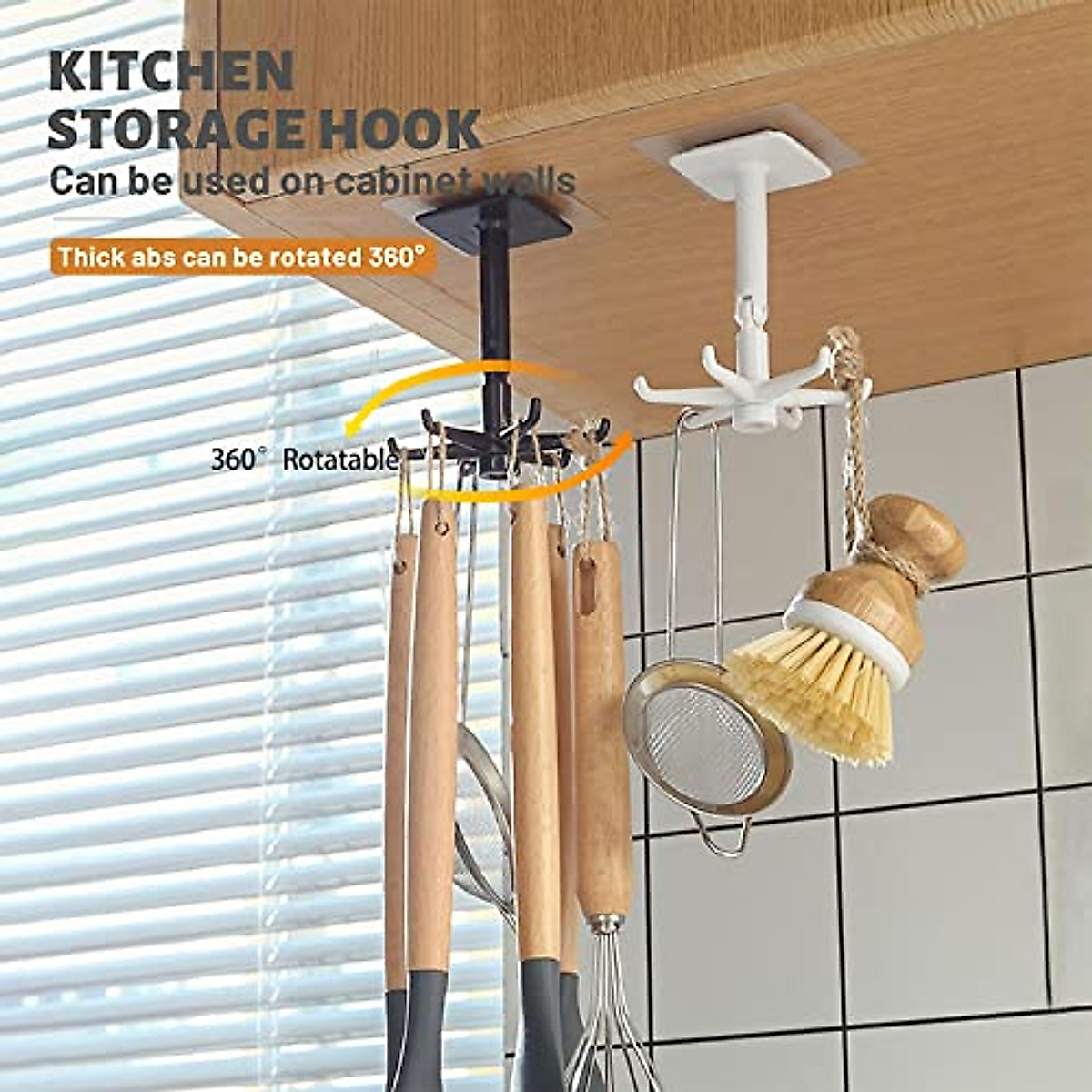 Kitchen Utensil Hanger,Under Cabinet Holder 6 Pieces 360 Degrees Rotating Folding Hook Self-Adhesive Waterproof Utility for Home Bathroom No Drilling （3 White+3 Black）, 4.3×2.7×1.9 inch