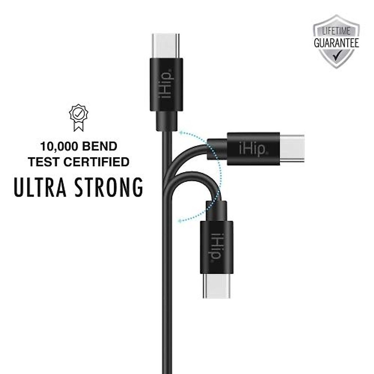 iHip 9ft PVC Black Cable Type-C Rubber Finish Bend Test Certified - Android Charger Cable for Android Samsung Galaxy S9 S10 S8 Plus Note10 9 8, Moto Z, Google Pixel, LG