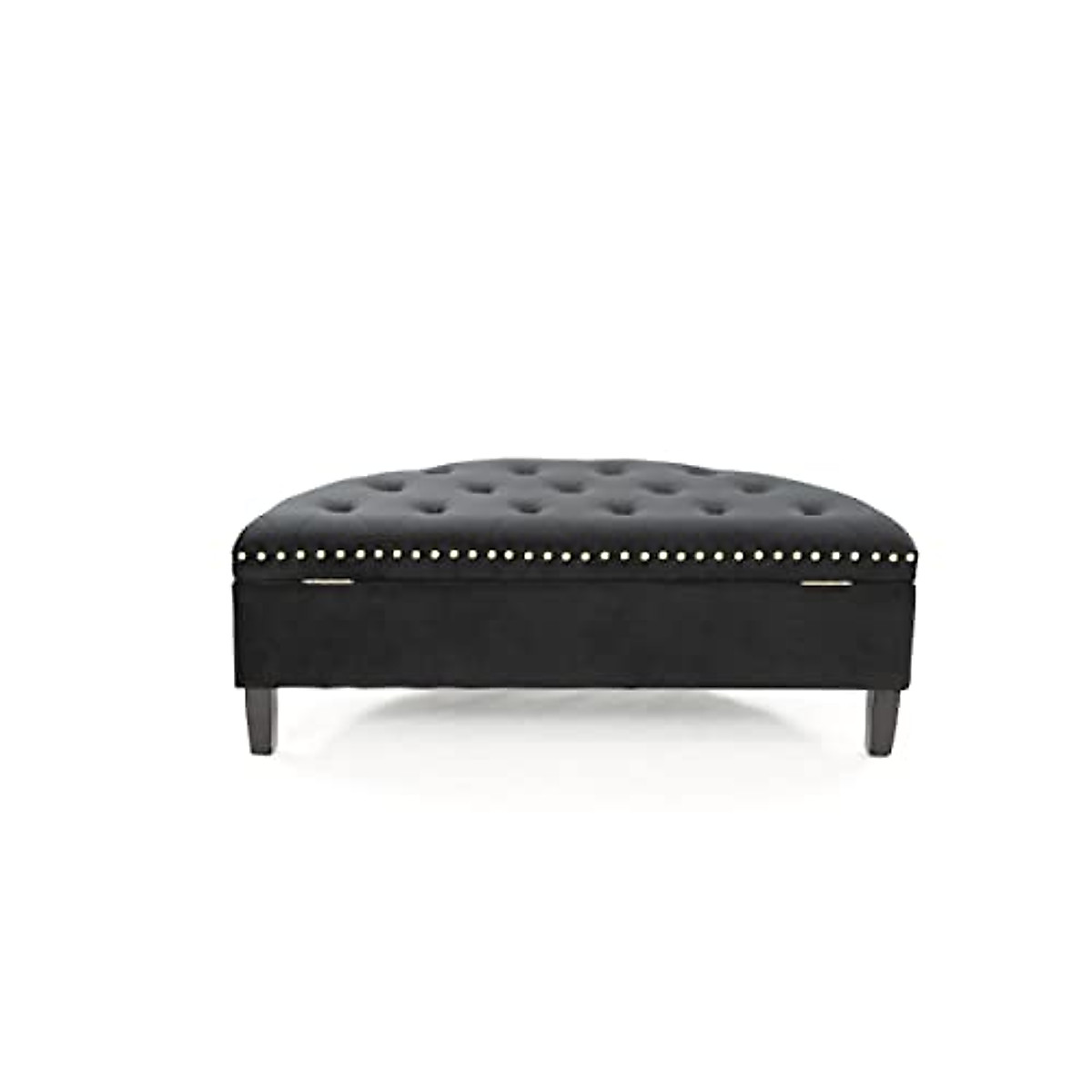Iconic Home Jacqueline Half Moon Storage Ottoman Button Tufted Velvet Upholstered Gold Nailhead Trim Espresso Finished Wood Legs Bench Modern Transitional Black