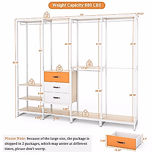 Cyclysio 84'' Heavy Duty Closet System, Large Wooden Garment Rack, L Shape Corner Walk-in Closet, Clothing Rack with Shelves, Closet Organizer System with 11 Shelves, 3 Wood Drawers, 6 Rod, White