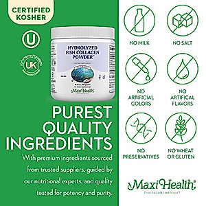 Maxi Health Collagen Powder - Collagen Protein Powder - Marine Collagen Powder for Women & Men - Type I Unflavored Fish Collagen Hydrolyzed Collagen Protein - Hair Growth & Skin Supplement (10.75 oz)