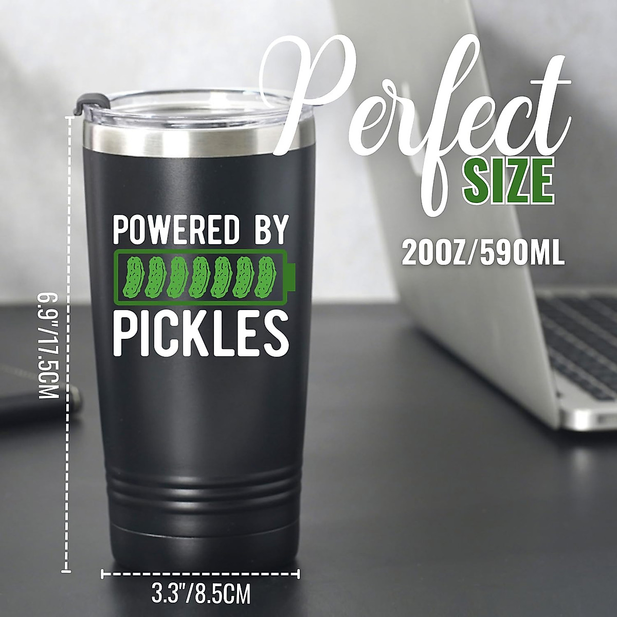 Onebttl Funny Pickle Gifts for Pickle Lovers, Insulated 20 oz Stainless Steel Travel Tumbler with Straw, Brush, Lid, and Gifts Box (POWERED BY PICKLES)