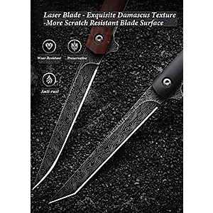 Carimee Double Action Pocket Knife Damascus Pattern D2 Stainless Laser Blade, Wood Handle, with Leather Sheath for Men and Women