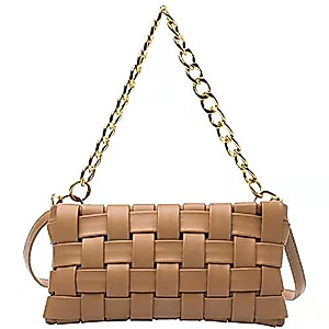 Bella Luna Women’s Woven Small Crossbody Clutch Handbag or Shoulder Bag Purse with Chain and Strap for Evening or Day (Caramel)