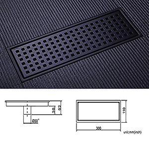 Orhemus Linear Shower Floor Drain with Removable Cover Grid Grate 12 inch Long Rectangle, SUS 304 Stainless Steel Matte Black Plated Finish