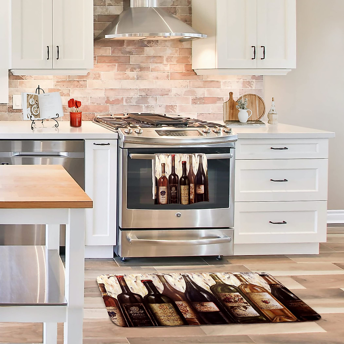 Italian Wine Kitchen Mat & Hand Towel Set (2-Piece Set) - Fine Art Print Kitchen Floor Mat - Microfiber Polyester Decorative Kitchen Towels - Soft Flannel Top, Memory Foam Machine Washable Kitchen Set