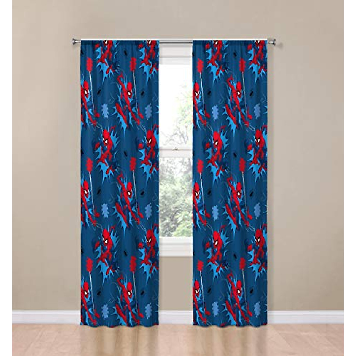 Jay Franco Kids Window Drapes - 4 Piece Curtain Set Includes 2 Tiebacks, Beautiful Bedding Room Décor and Easy Set Up, Blue - Spiderman, 84 Inch