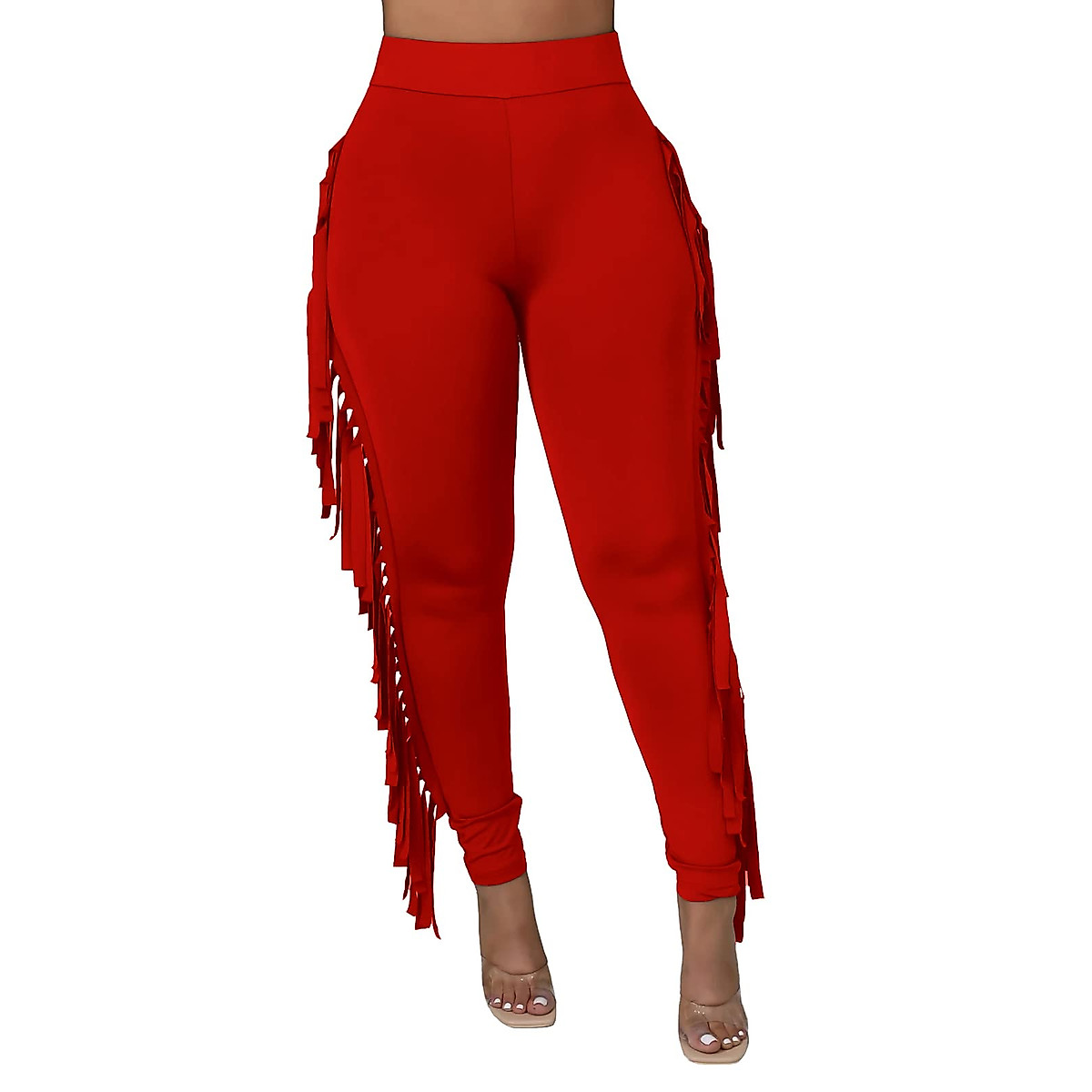 Women's Fringe Pants Casual High Waist Solid Bodycon Side Tassel Pants Yoga Pants Sweatpants Bandage Pants Red Large
