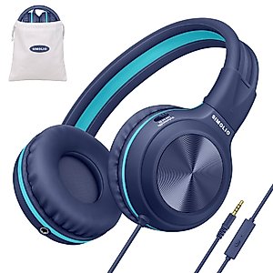 SIMOLIO Wired Kids Headphones for School with Microphone, Volume Limiting & Noise Cancelling PC Headset with Cord, Plug in Headphones for Tablet, Headphones with Cord for Laptop (Navy Blue)