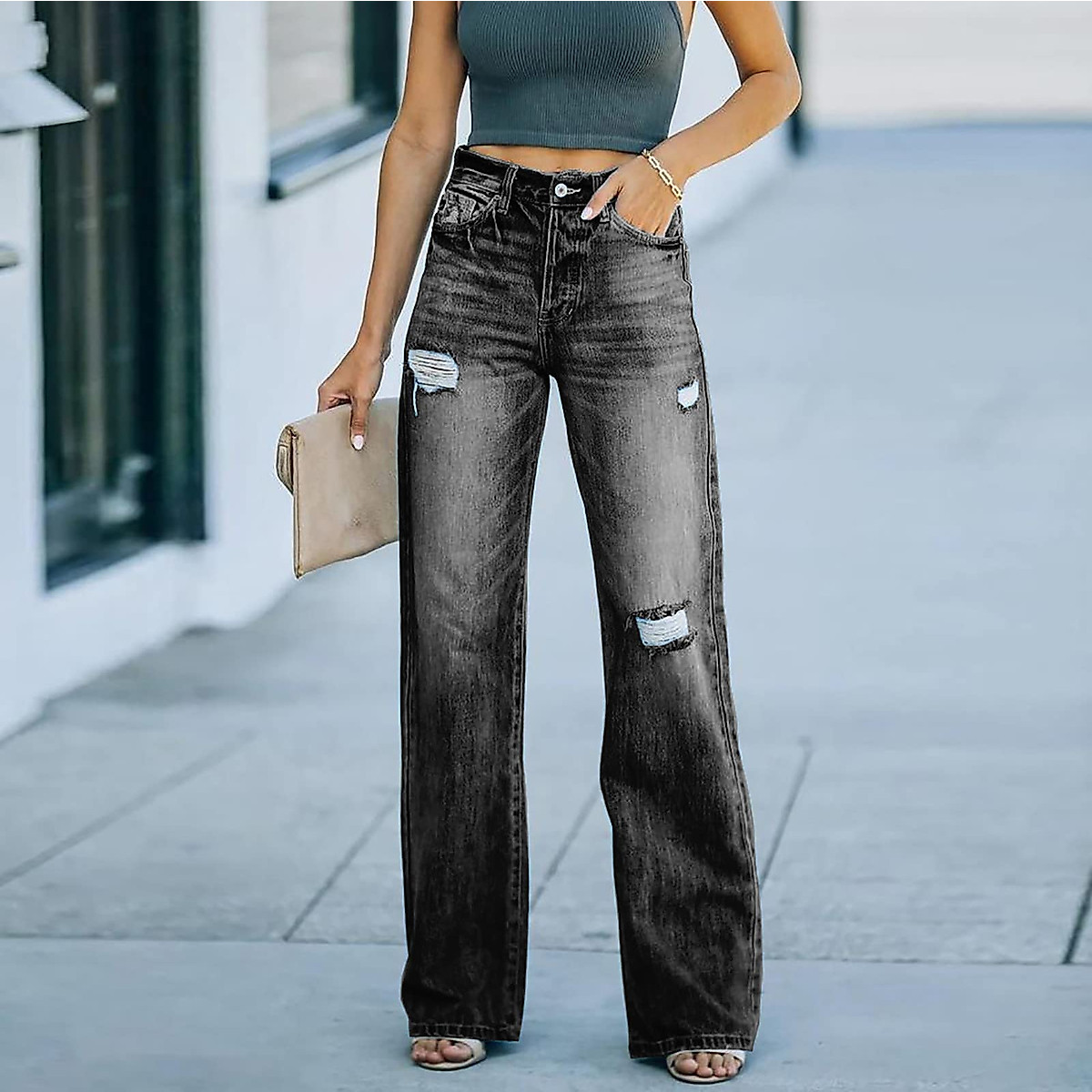 SMIDOW Return pallets pj Pants y2k Women Straight Leg Ripped Jeans Bootcut Jeans Denim Pants Floor Length Fashion Teen Girls Jeans Bottoms Relaxed Fit Black L