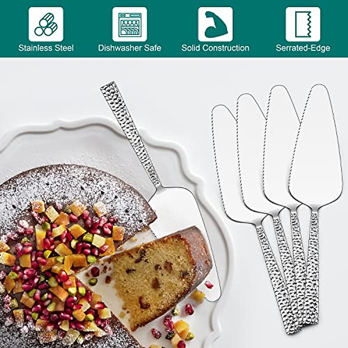 5-Piece Pie Server, E-far Hammered Stainless Steel Cake Server Spatula for Cutting Pastry Cheese Pizza, Serrated Edge with Square Handle, Mirror Polished & Dishwasher Safe-8.9 Inch