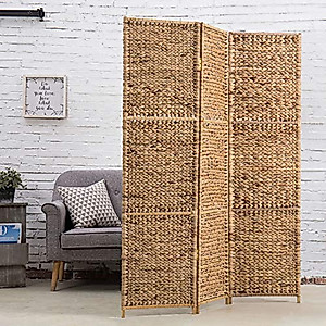 MyGift Handwoven Seagrass 3 Panel Room Divider Screen with Wood Frame, Folding Partition Room Divider, Brown