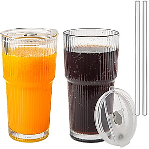 CAYOREPO 20oz Ribbed Glass Cups with Lids and Straws 2 Set, Vintage Glassware for Whiskey Cocktail Beer, Glass Tumbler, Iced Coffee Cups For Cold Drinks, Smoothie, Juice,Drinking (2)