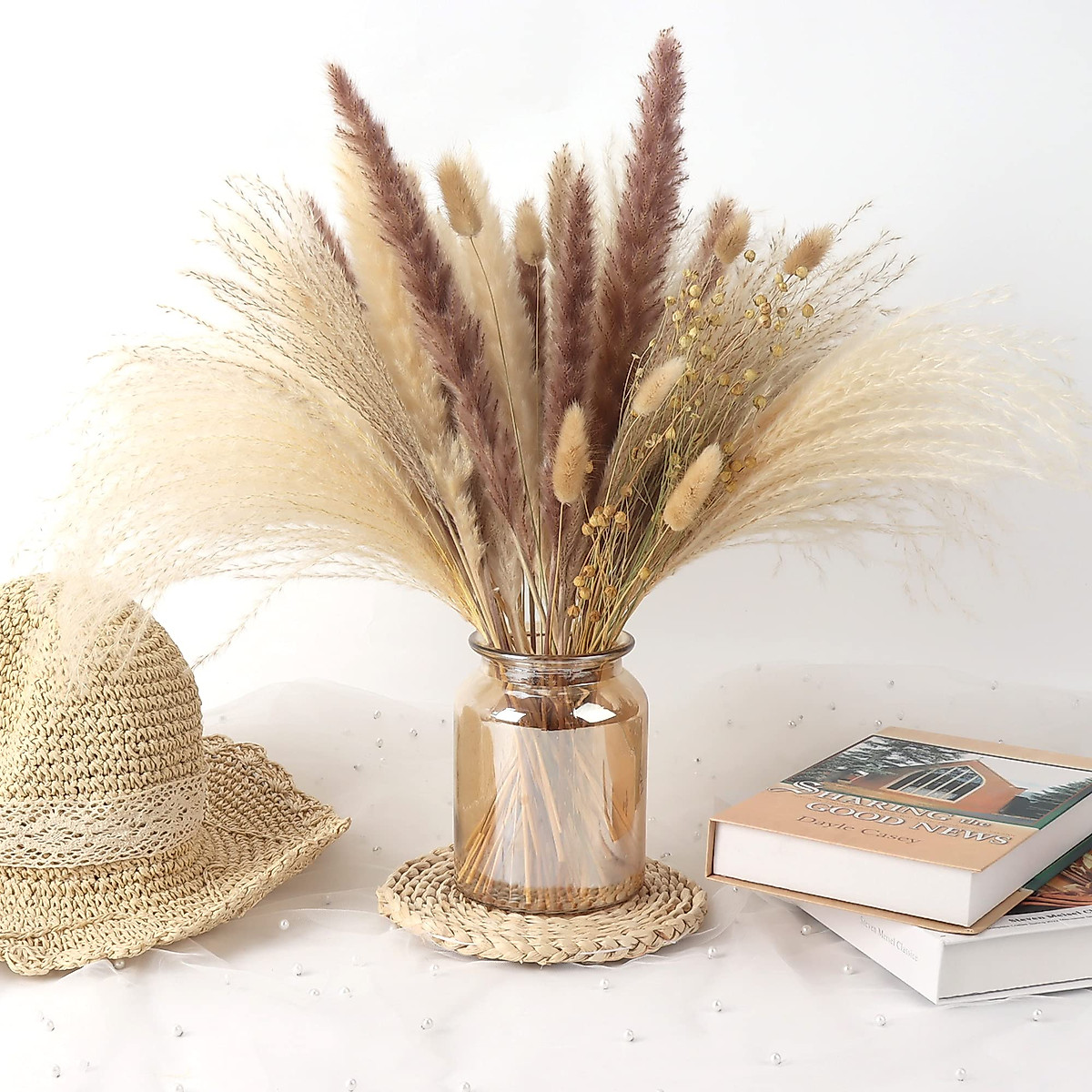 JFNDUIFEI 65 pcs Pampas Grass Decor Tall,Natural Dried Pampas Grass Fluffy for Flower Arrangements Home Decor,17inch Pampas Grass Plants for Home Garden Party Wedding Decor