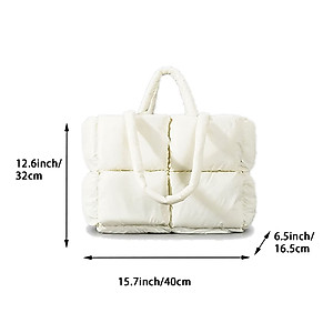 HDWKBOY Large puffer tote bag for women, nylon checkerboard puffy tote bag puffer purse tote, down cotton padded shoulder bag(Cream-WH)