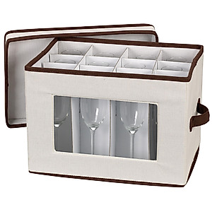 Household Essentials Natural 544 Stemware Storage Box with Lid and Handles | Champagne Glasses Canvas with Brown Trim