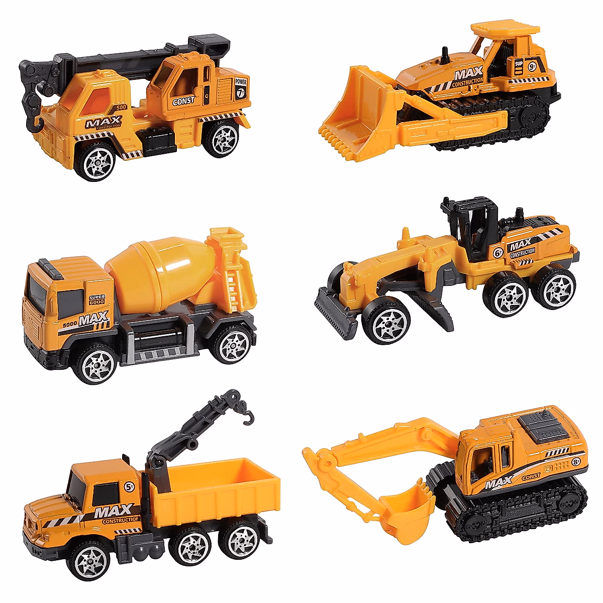 ANDOLO Construction Truck Toys, 6Pcs Mini Engineer Car Toys Small Construction Vehicle Bulldozer Roller Excavator Cement Mixer Truck Dump Tractor Cake Topper Party Favors Sand Beach Toy