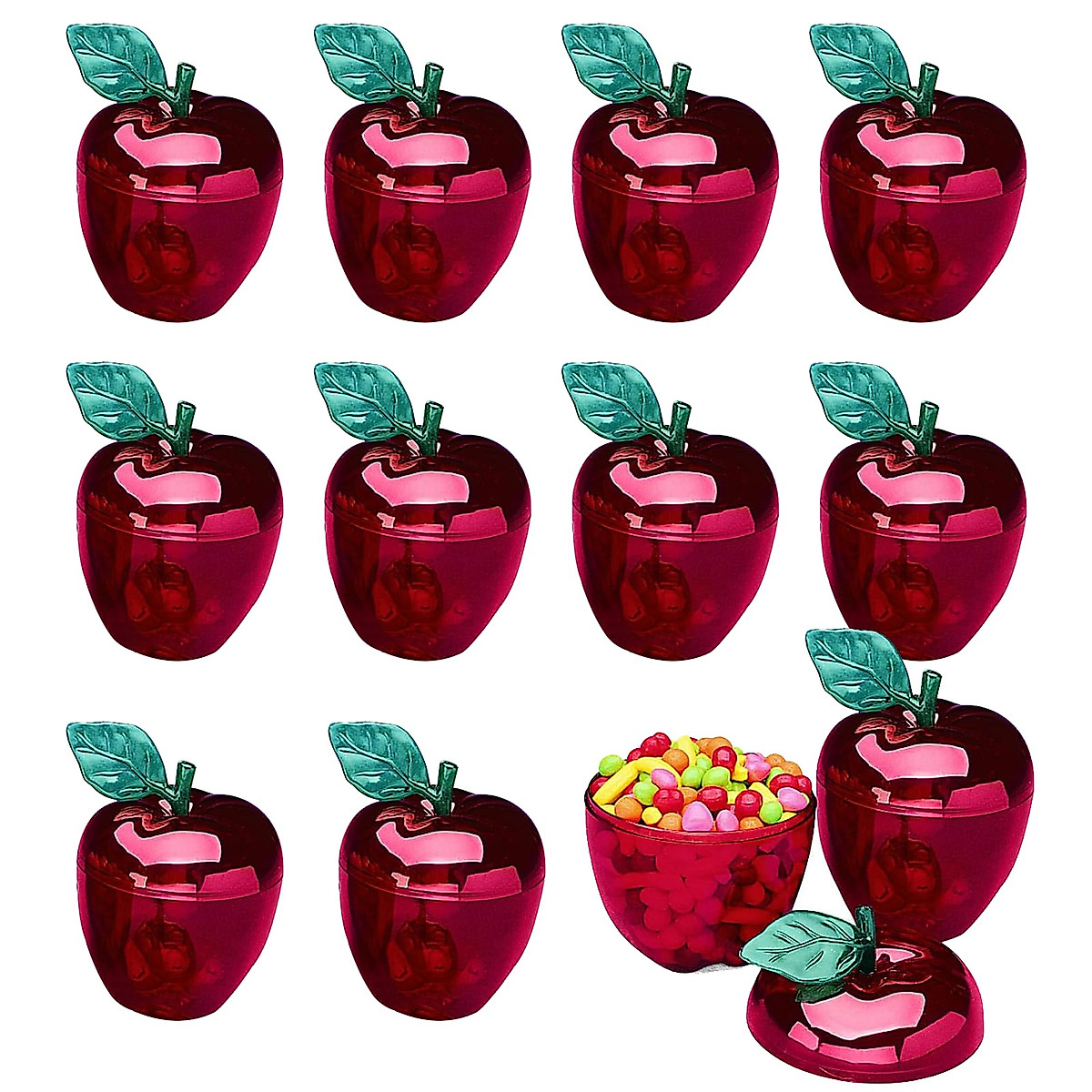 Fun Express Set of 12 Apple Containers for Treats, 3.75 x 4.75 x 1 inches, BPA Free Plastic, Teacher Gifts, Classroom Treat Containers, End of School and Back To School Celebrations (Red)
