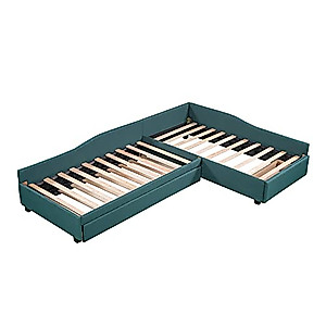 RORIGAT L-Shaped Upholstered Double Twin Size Daybed with Trundle and Drawer for Kids Boys Girls Student, Green