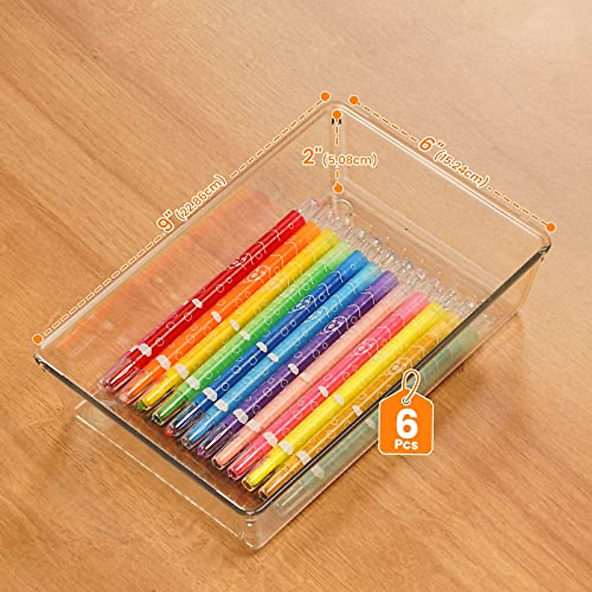 Criusia 6 Pack Large Size Clear Plastic Drawer Organizers, Versatile Acrylic Kitchen Drawer Organizer Stackable Bathroom Drawer Organizer Trays, Storage Bins for Makeup, Bathroom, Kitchen and Office