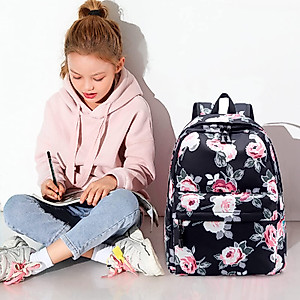 Backpack for Girls, Joyfulife Teen Backpacks Lightweight Kids Bookbags School Backpack with Lunch Box Pencil Case Travel Laptop Backpack Casual Daypacks Floral (Black)