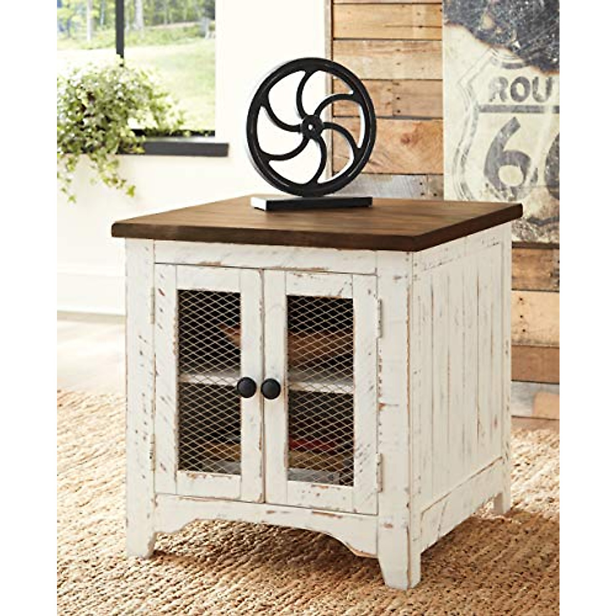 Signature Design by Ashley Wystfield Farmhouse End Table with Storage, Distressed White & Brown Finish