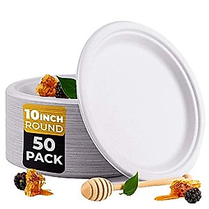 Beeleeve [50-Pack / 10-Inch 100% Compostable Disposable Round Bagasse Paper Plates - Biodegradable Sugarcane Fibre - Strong Heavy Duty Rigid Design - Sustainable & Food-Grade - White