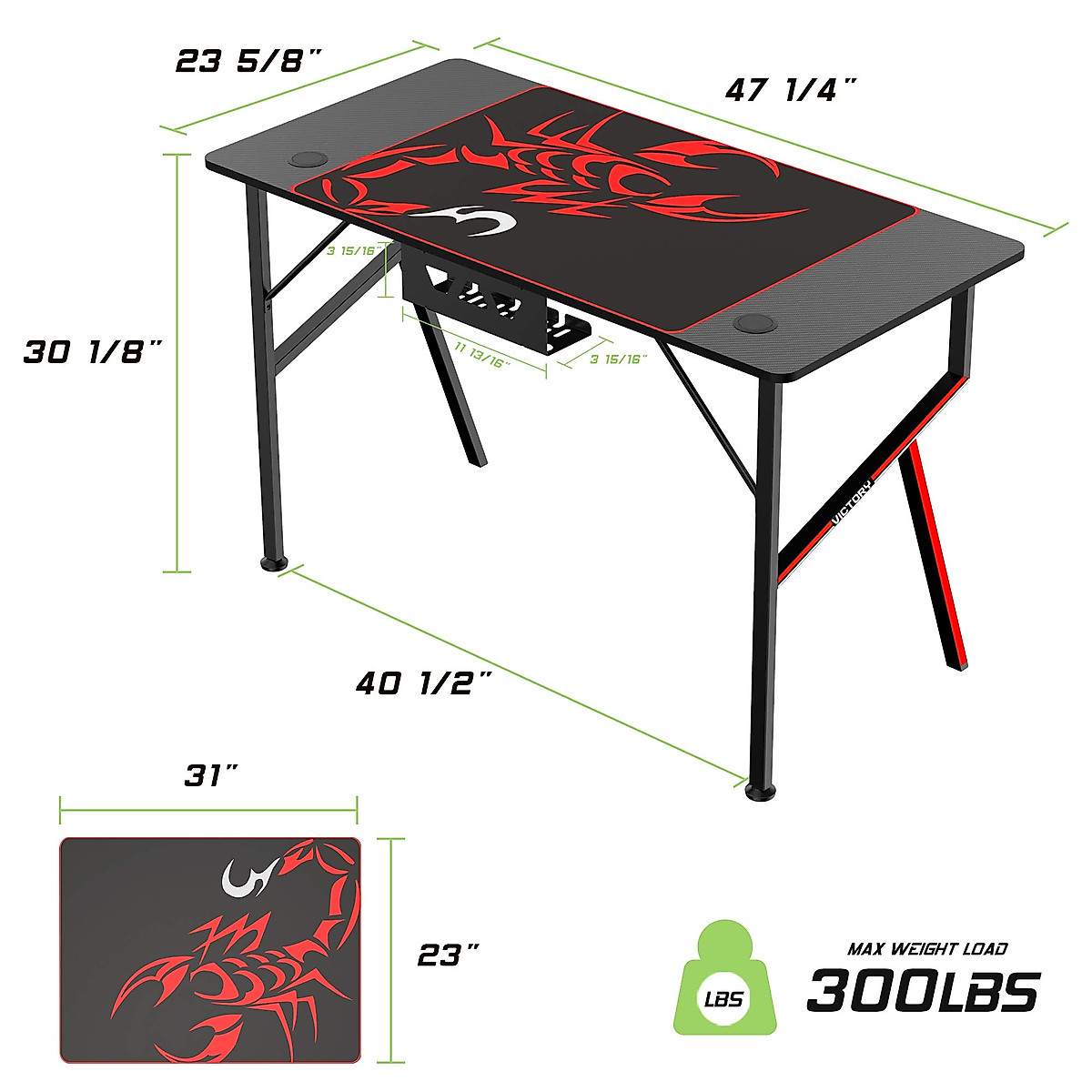 EE EUREKA ERGONOMIC Gaming Desk 47 Inch, Small Gaming Computer Desk Table for Small Space Gamer Desk with Mouse Pad Headset Hook Cup Holder Controller Stand, Black