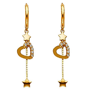 14k REAL Yellow Gold Heart & Star CZ Drop Earrings